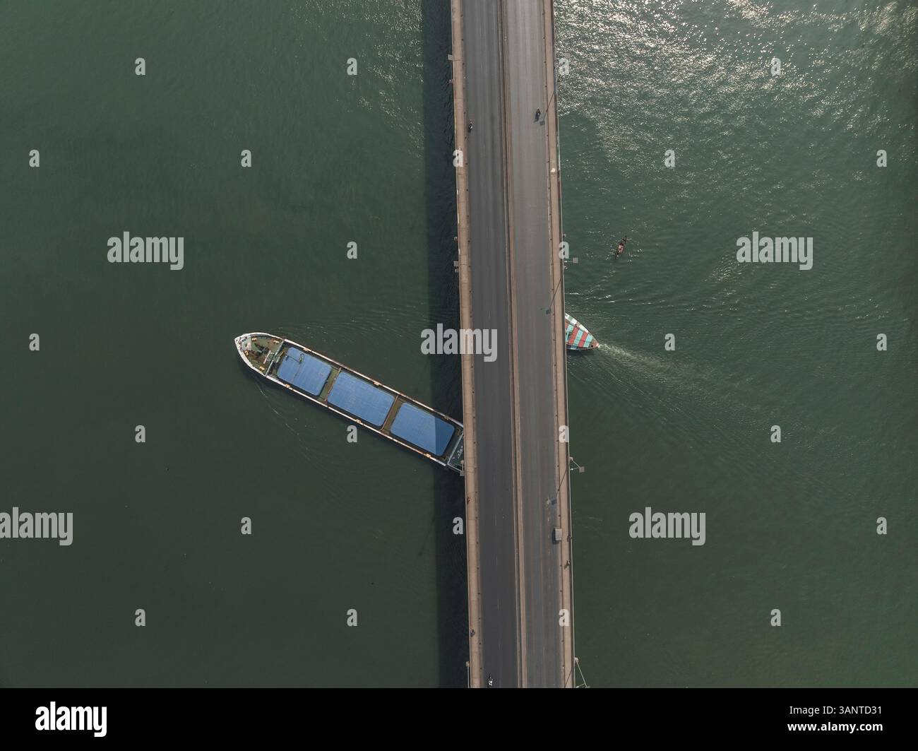Aerial view of Meghna River with bridge and boats, Bhairab, Dhaka ...