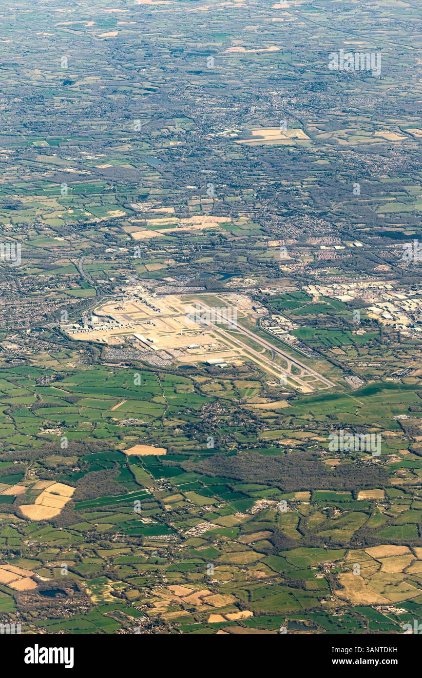 Aerial view of Gatwick Airport and the surrounding towns, villages and ...