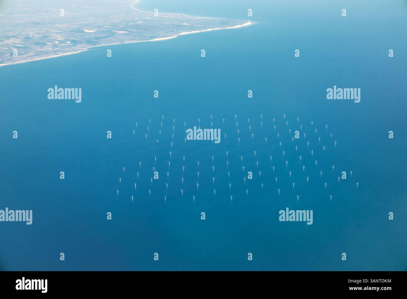 Aerial view of 116 wind turbine generators at the Rampian wind farm in ...