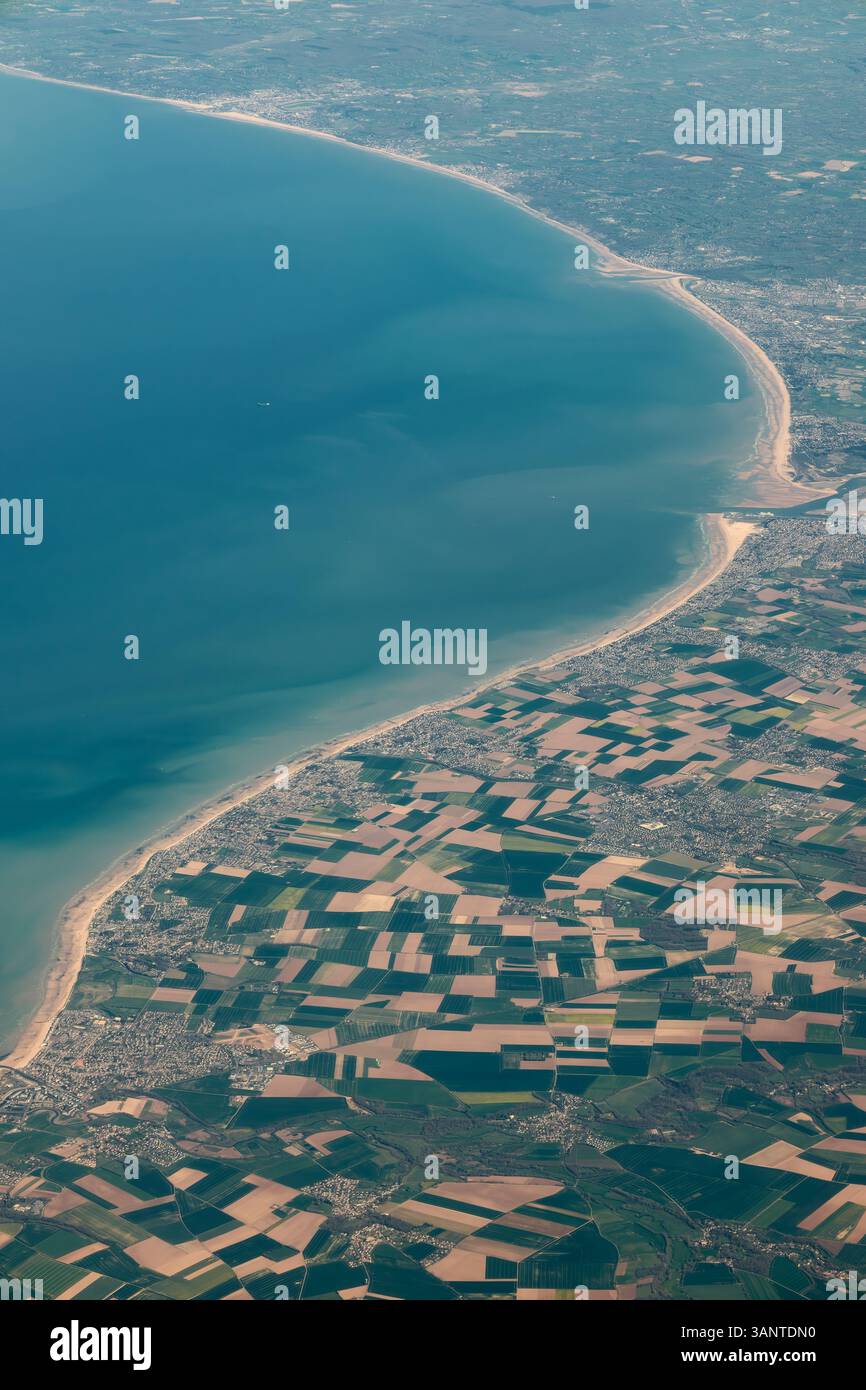 Aerial view of the Normandy coastline, beaches and English channel near ...