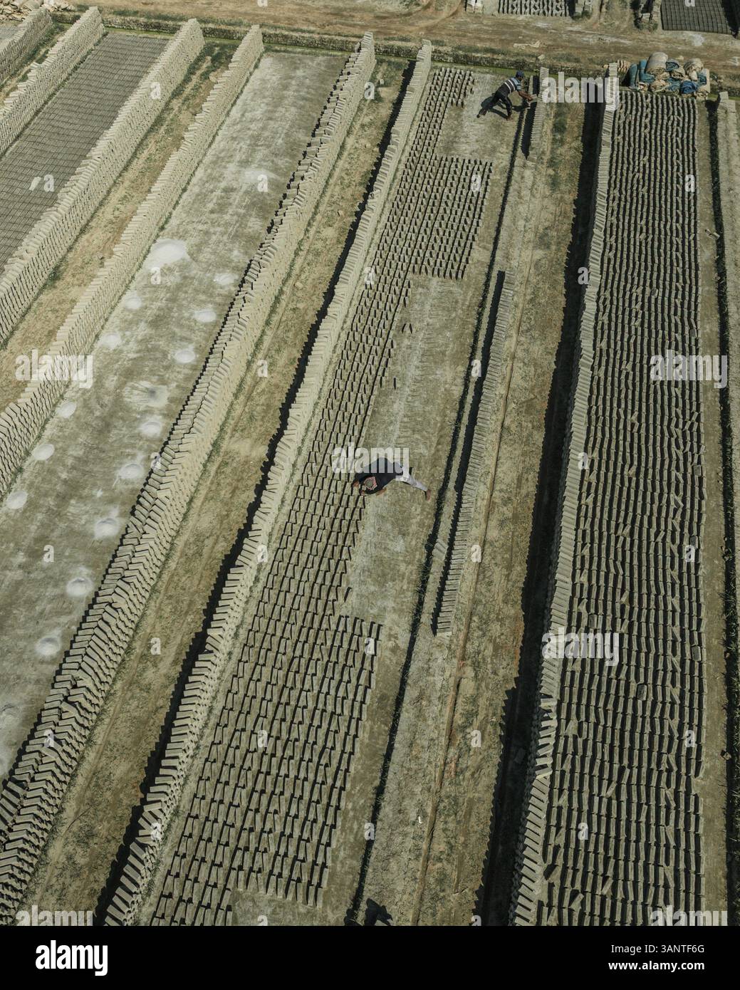 Aerial view of brick fields with people working in organized rows, Suti ...