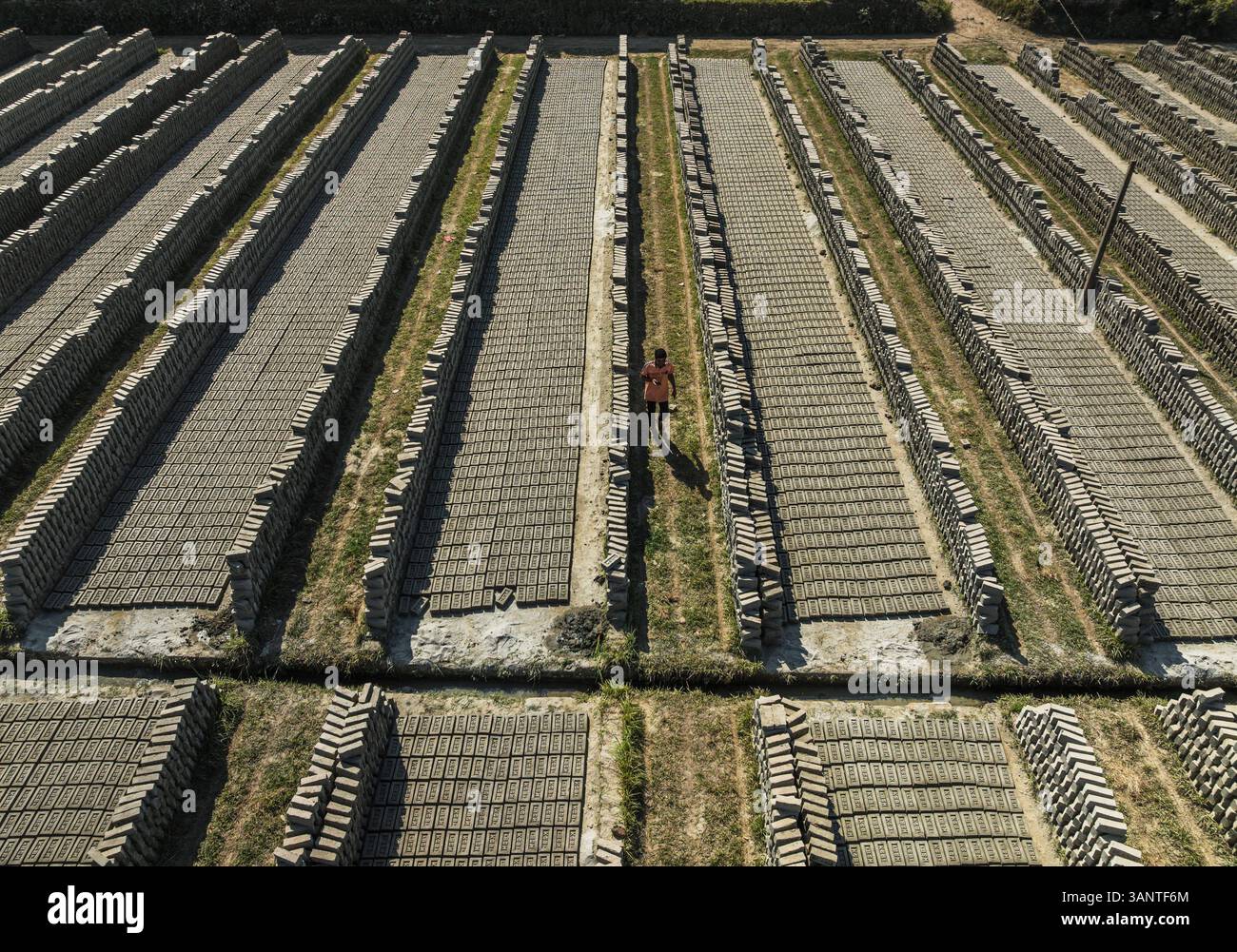 Dhamrai, Bangladesh - 29 January 2025: Aerial view of industrial brick ...