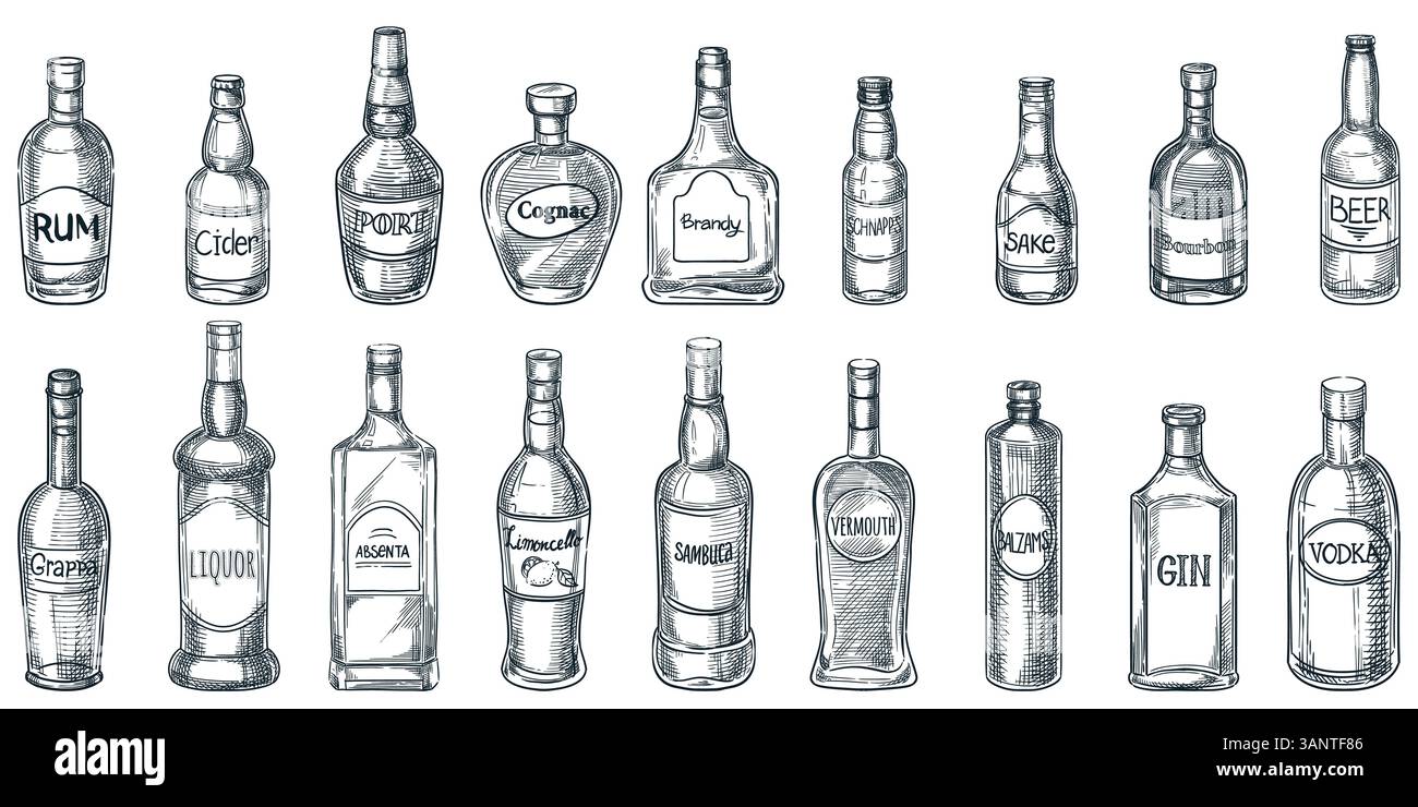 Alcohol drink bottles icons, set isolated on white background. Vector ...