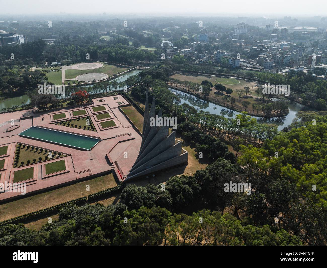 Aerial view of the national memorial surrounded by greenery and water ...