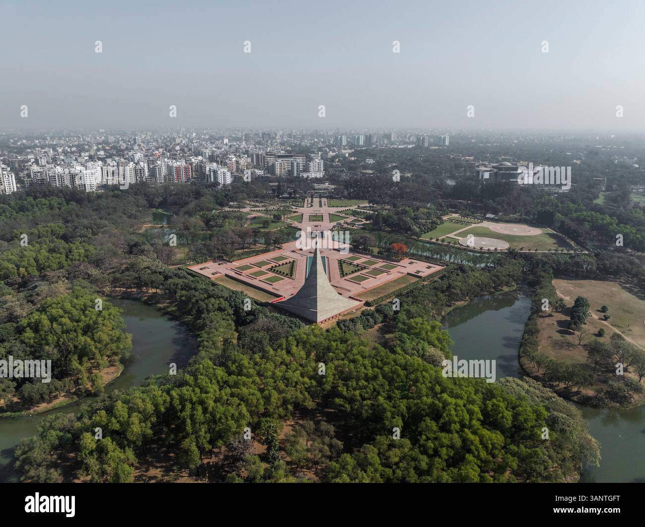 Aerial view of the national memorial surrounded by greenery and water ...