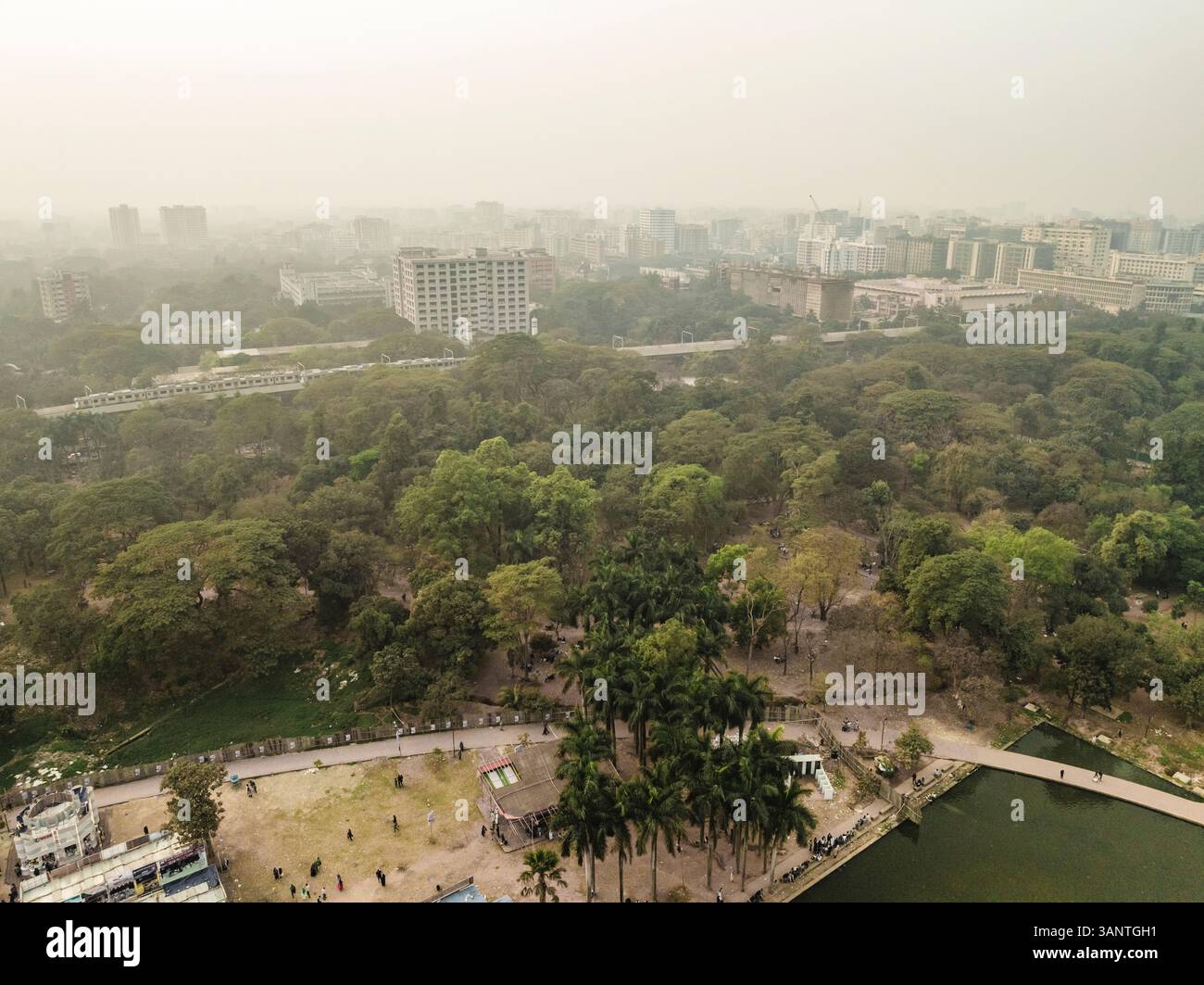 Aerial view of a vibrant cityscape featuring a park, buildings, trees ...
