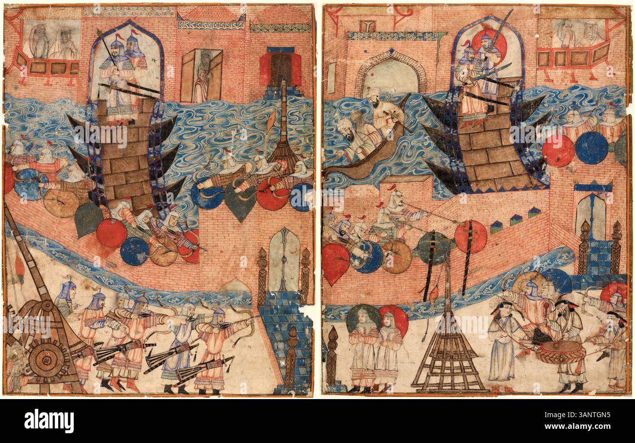 This 14th-century illustration, depicting the fall of Baghdad in 1258 ...