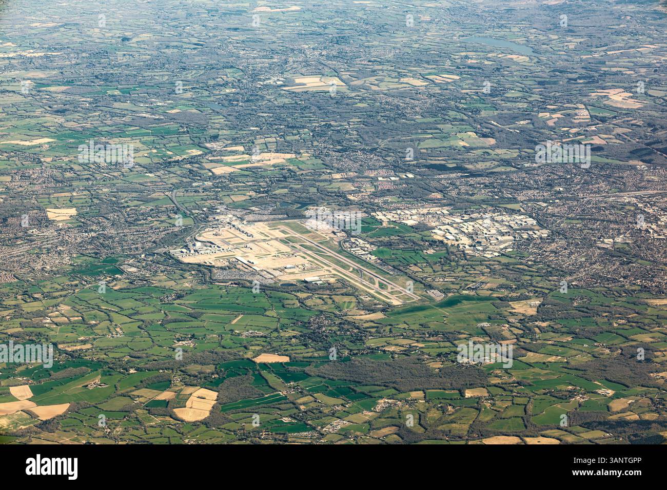 Aerial view of Gatwick Airport and the surrounding towns, villages and ...