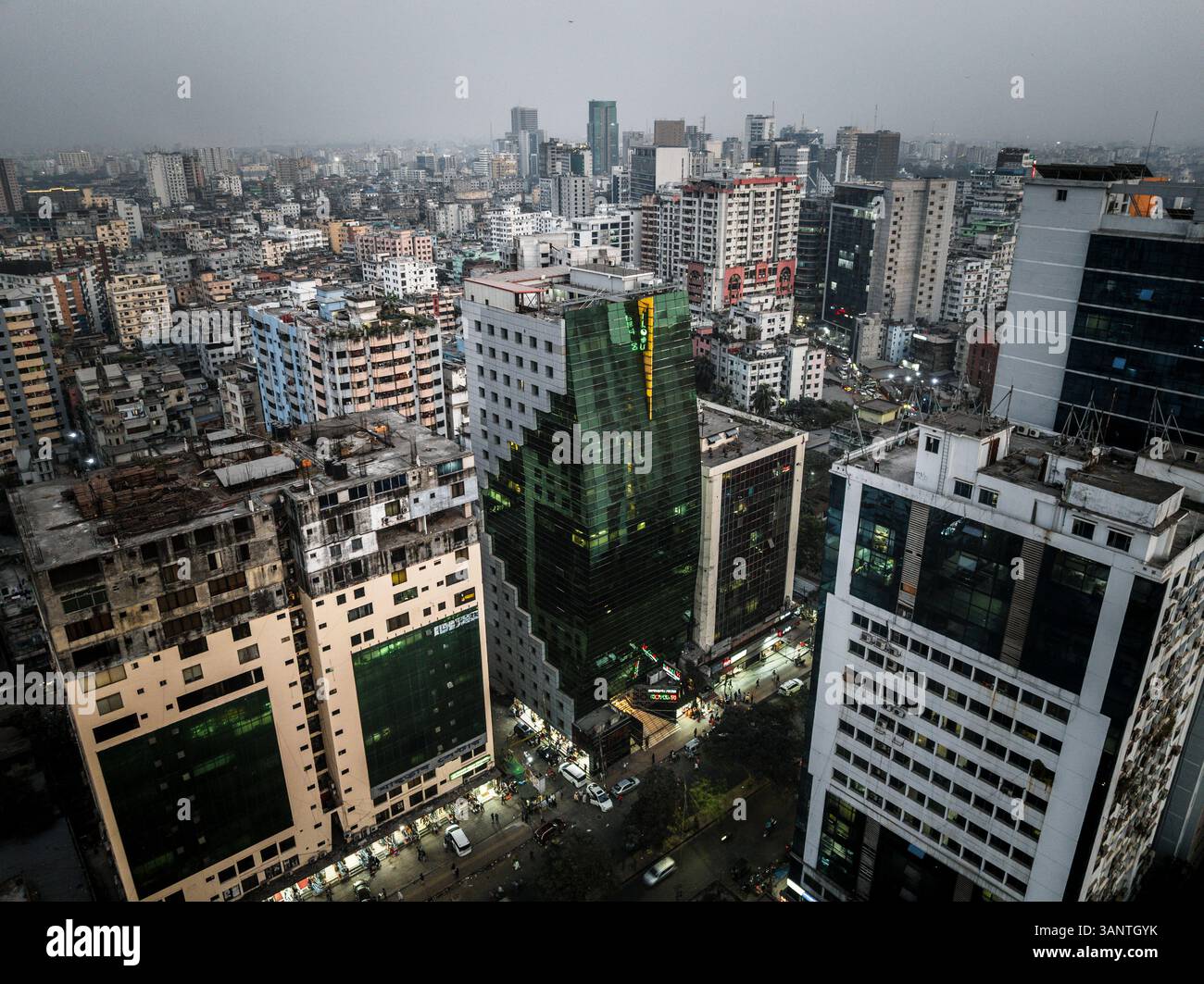 Aerial view of modern skyline and bustling urban landscape with high-rise buildings, Shahbag ...