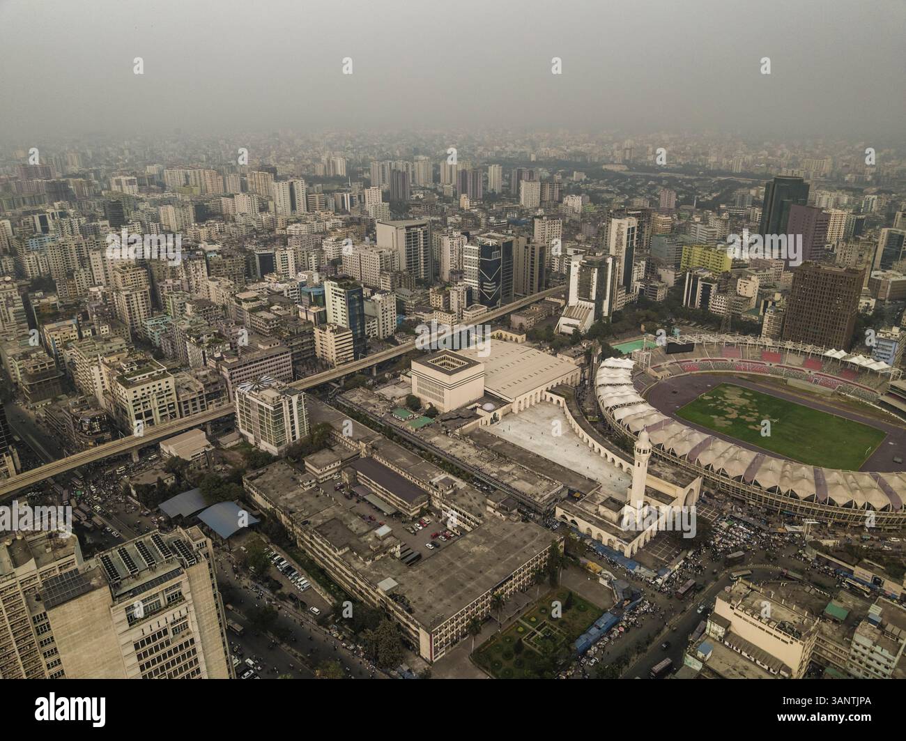 Aerial view of bustling downtown cityscape with modern skyscrapers and ...