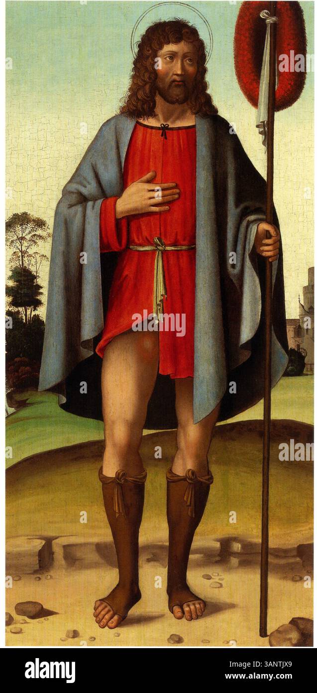 This late 15th-century German painting depicts a saint standing with a ...