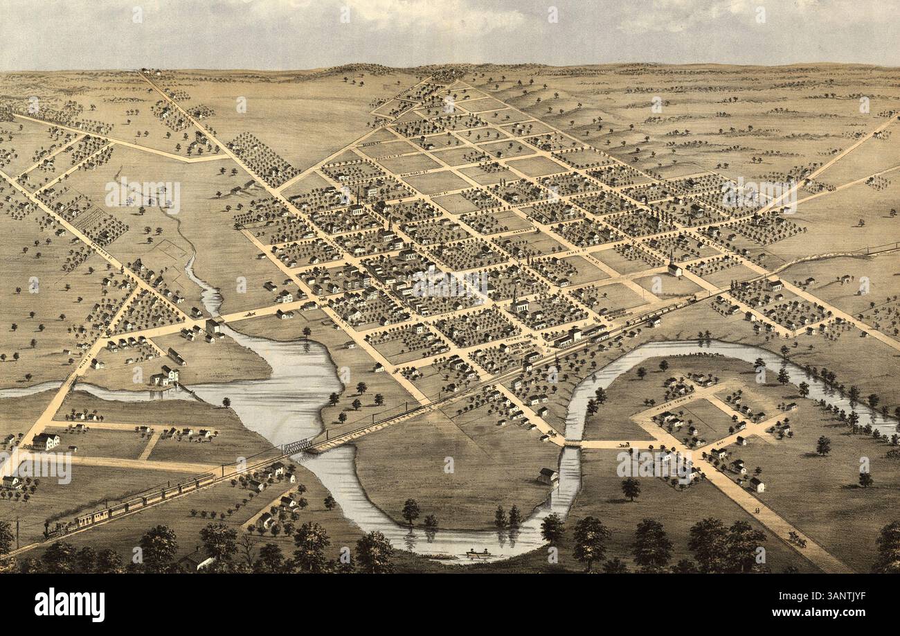 A bird's-eye view map of Columbus, Wisconsin, from 1868, showcases the ...