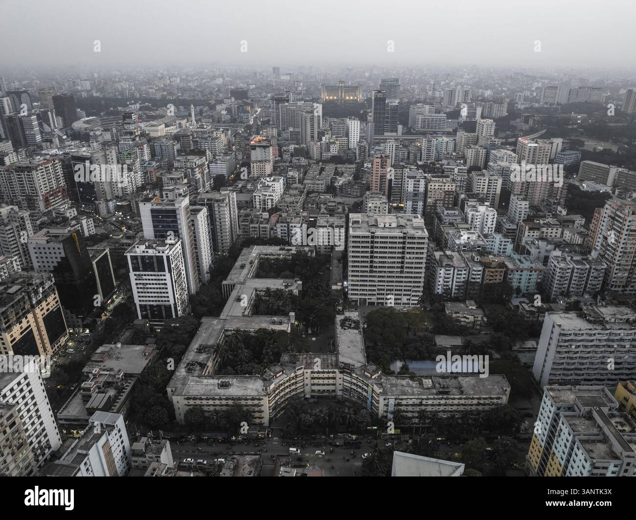 Aerial view of dense urban skyline with modern skyscrapers and ...