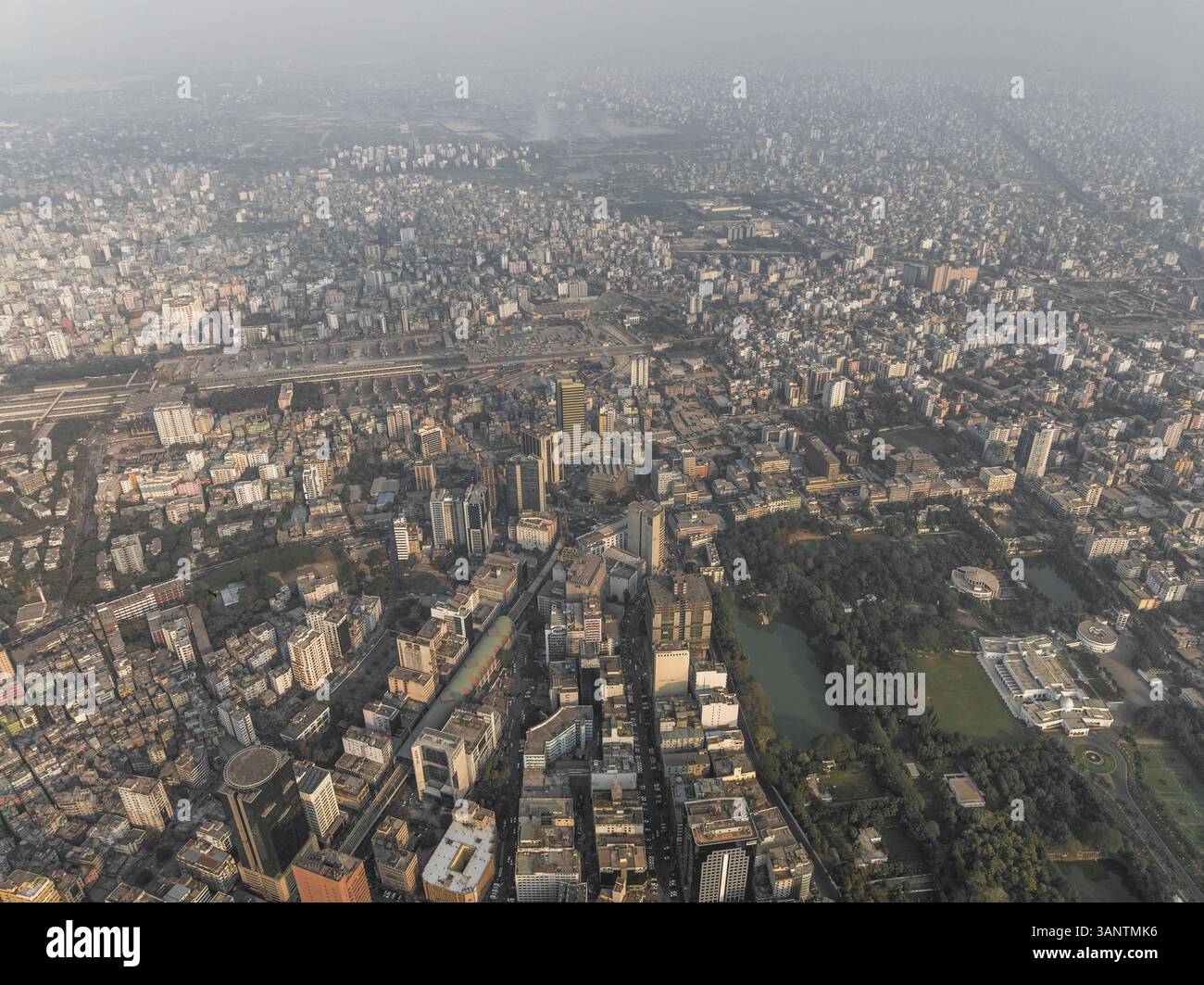 Aerial view of busy downtown cityscape with modern highrise buildings ...