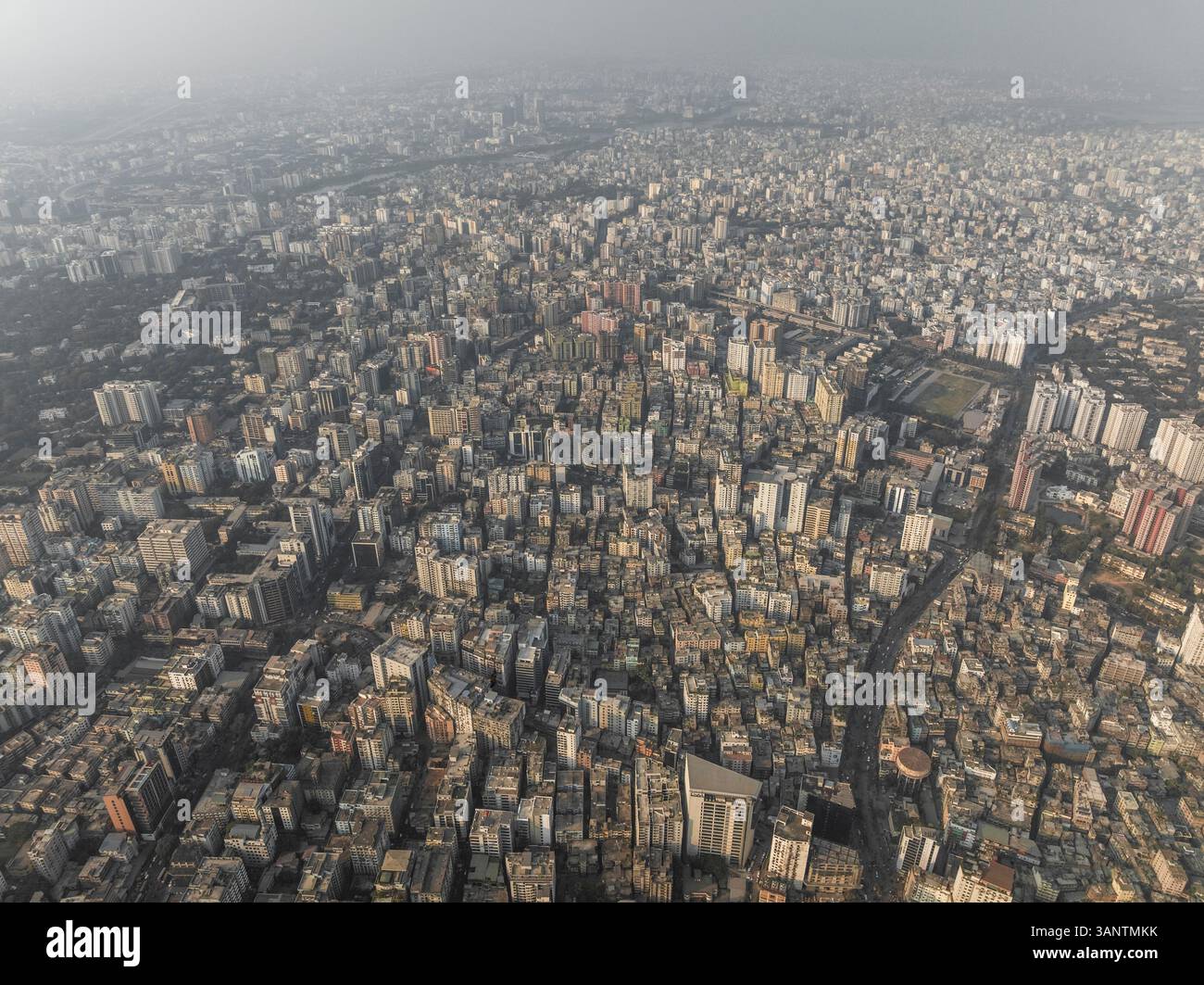 Aerial view of a beautiful urban skyline with dense buildings and busy ...