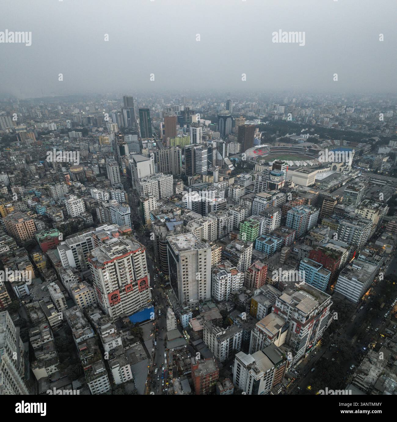 Aerial view of bustling downtown cityscape with modern skyscrapers and ...