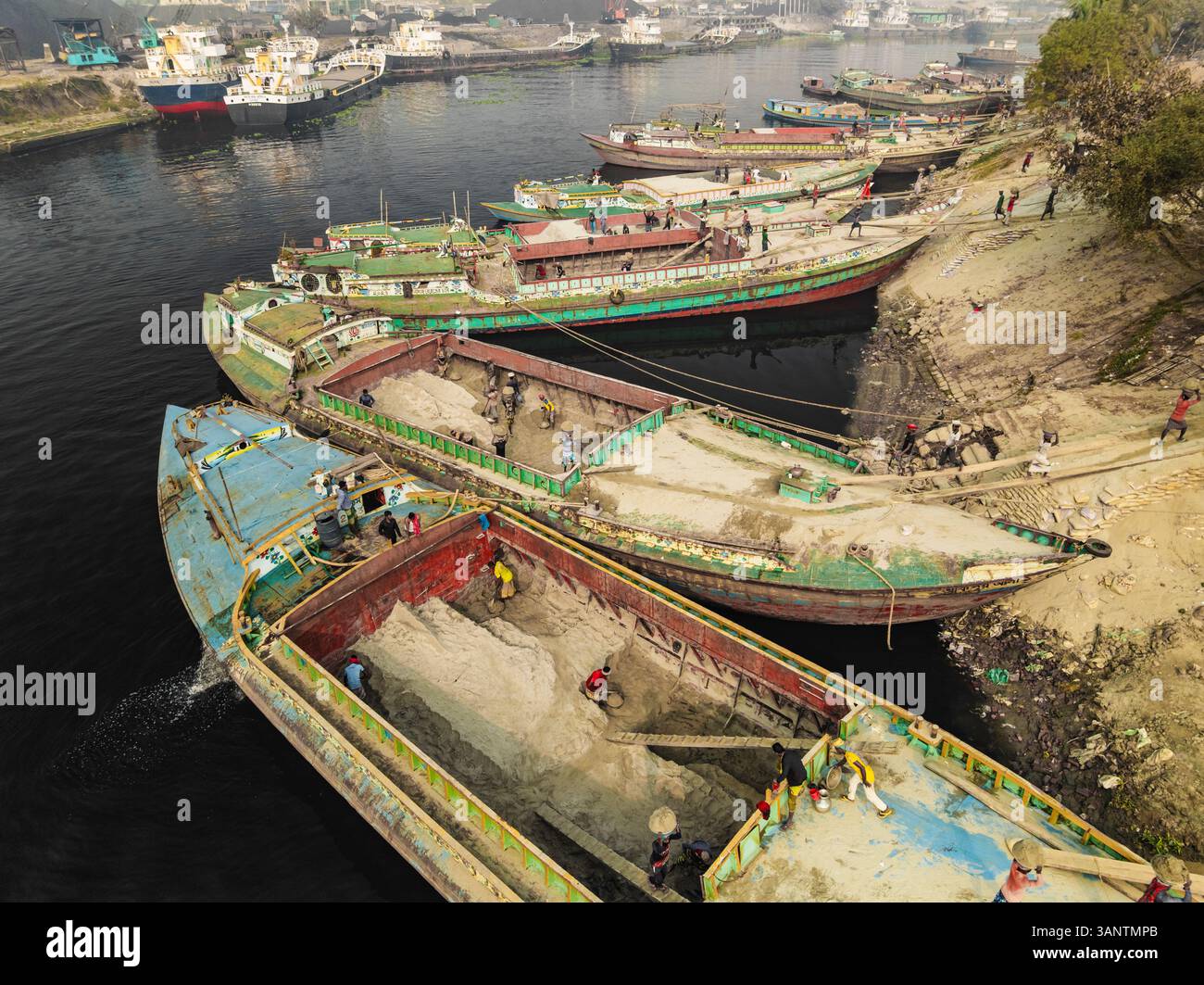 Dhaka, Bangladesh - 02 February 2025: Aerial view of busy Buriganga ...