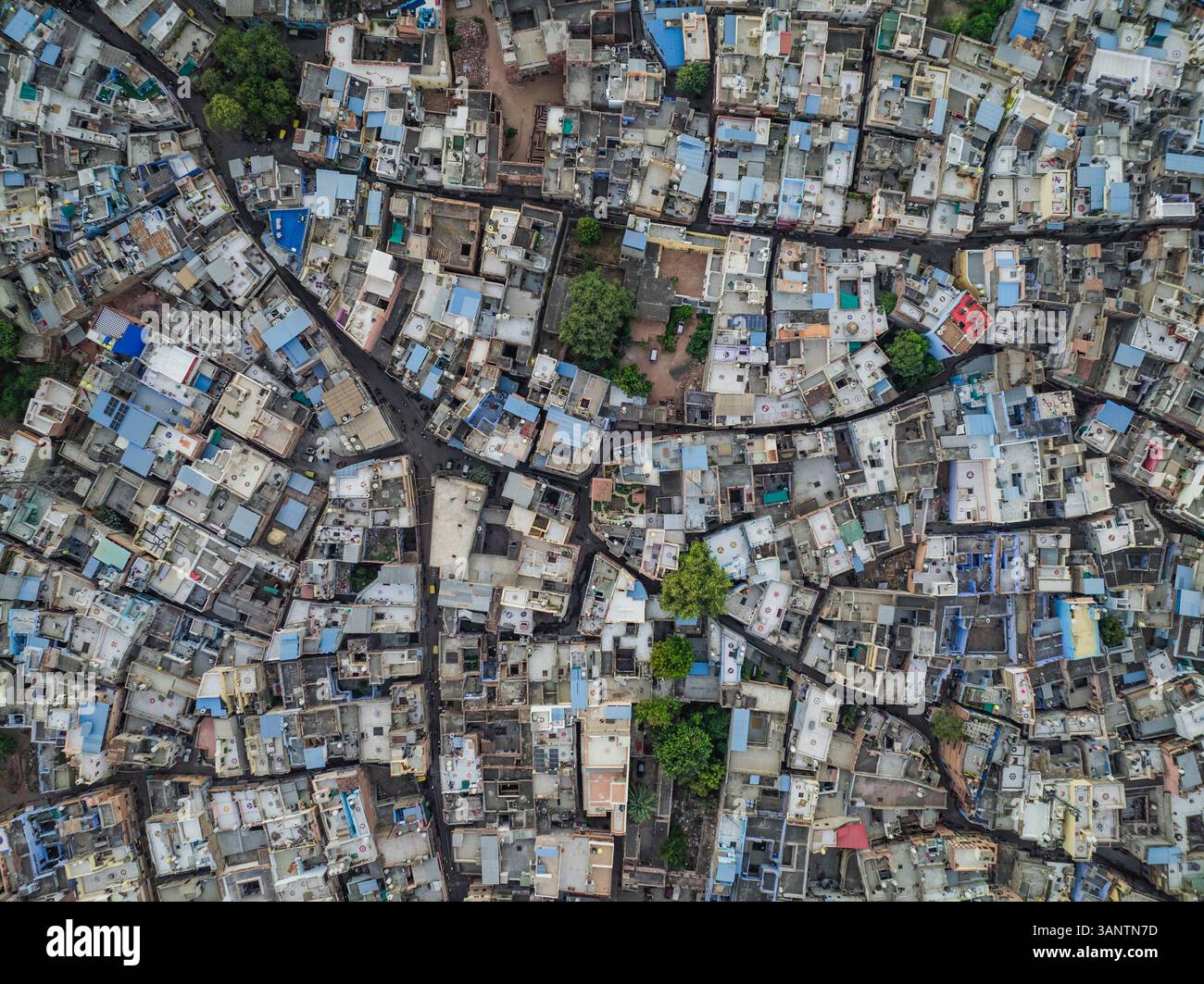 Aerial view of colorful and densely populated rooftops and streets in ...