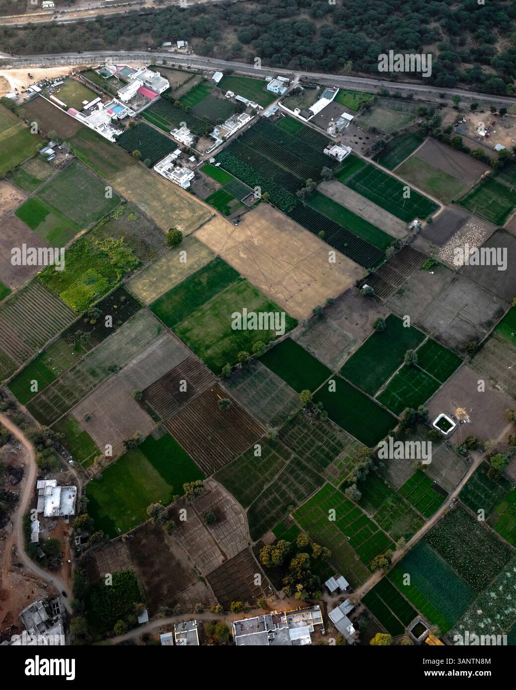 Aerial view of beautiful green farmland and rural village with homes ...