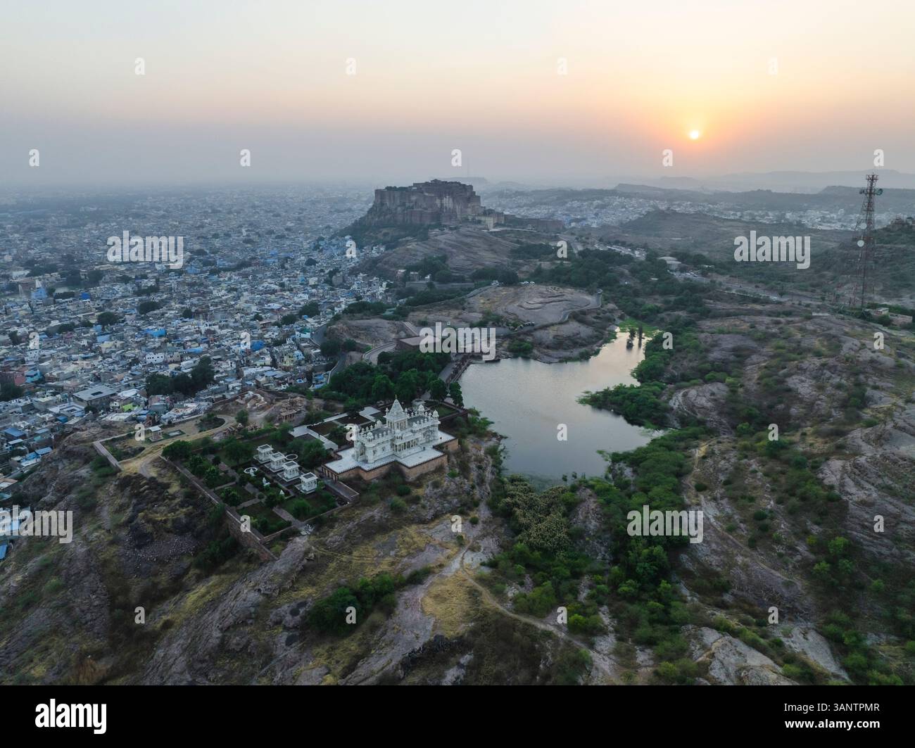 Aerial view of jaswant thada and mehrangarh fort at sunset over the ...