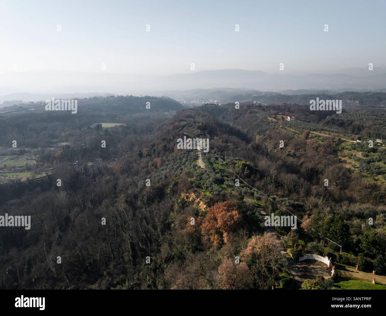 Aerial view of scenic Canova village surrounded by hills and forests in ...