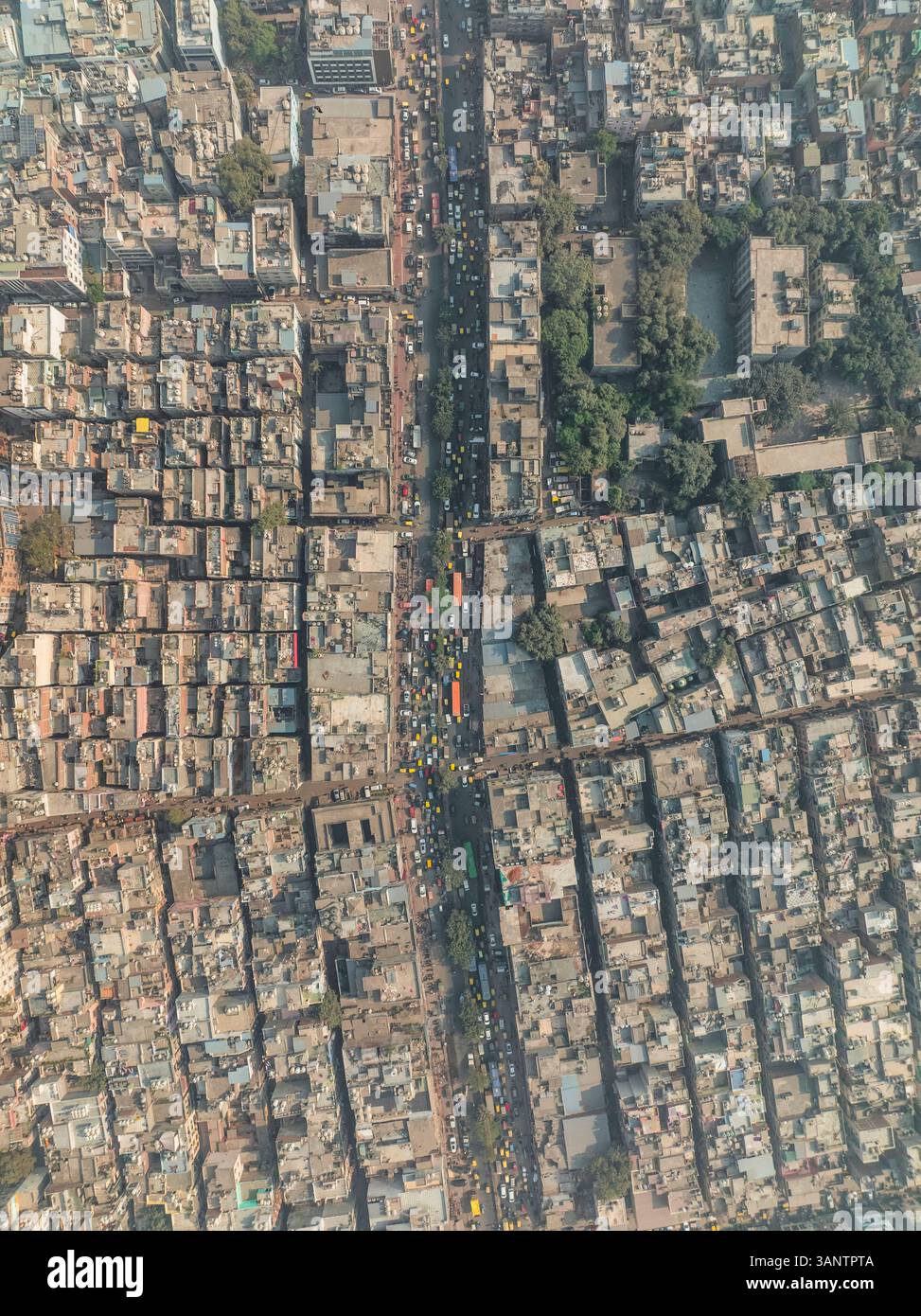 Aerial view of bustling Paharganj with dense buildings and crowded ...