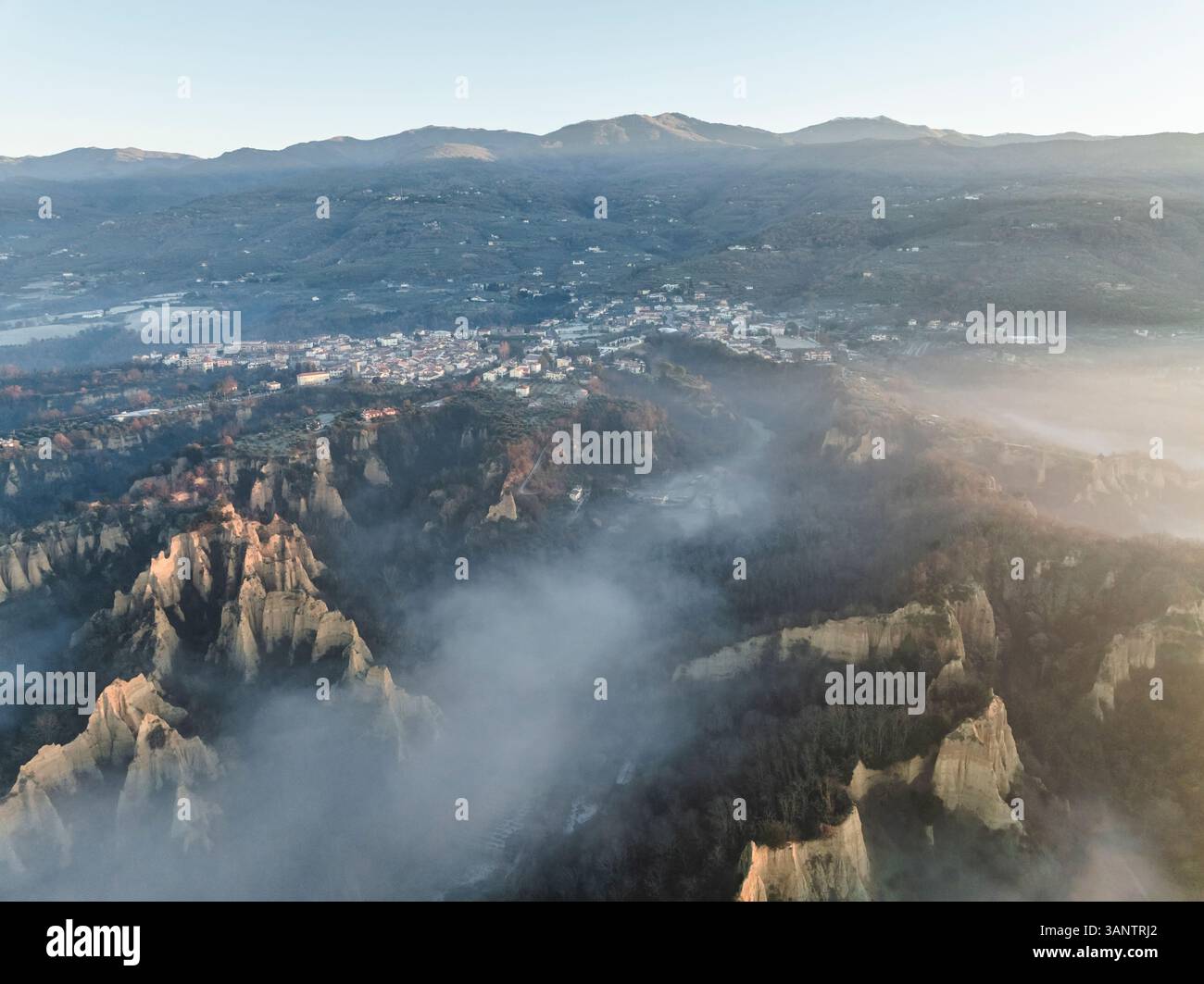 Aerial view of balze valdarno with fog and mist at sunrise, Tuscany ...