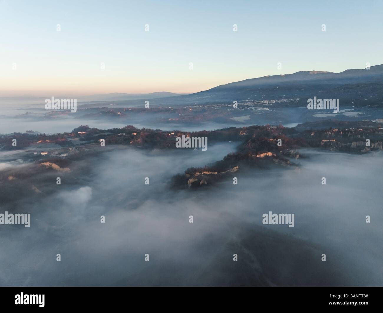 Aerial view of balze valdarno with fog and mist at sunrise, Reggello ...