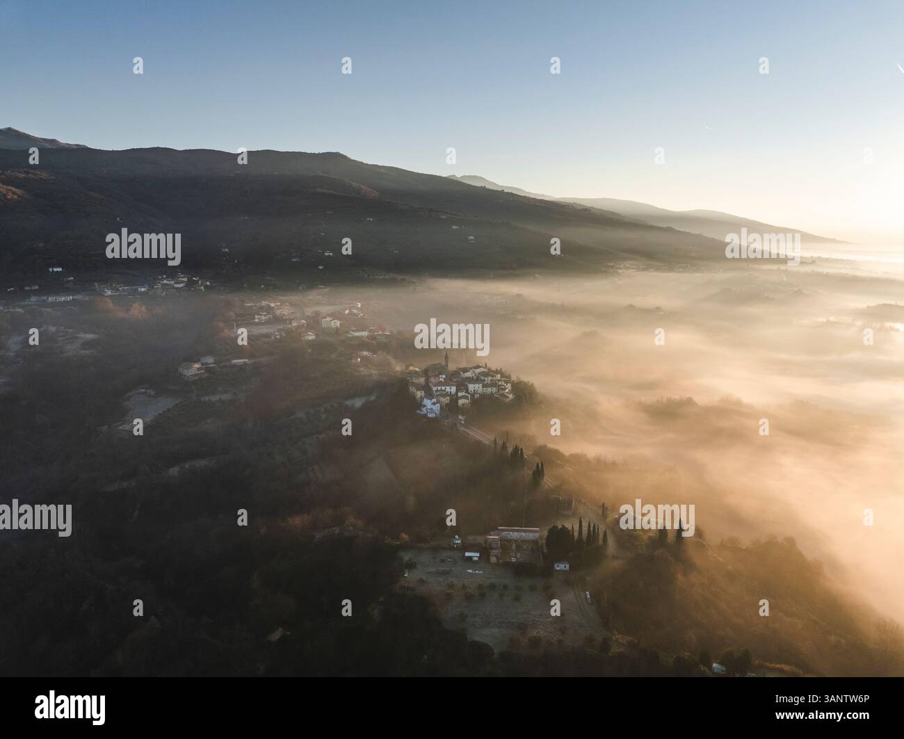Aerial view of balze valdarno valley shrouded in fog and mist at ...