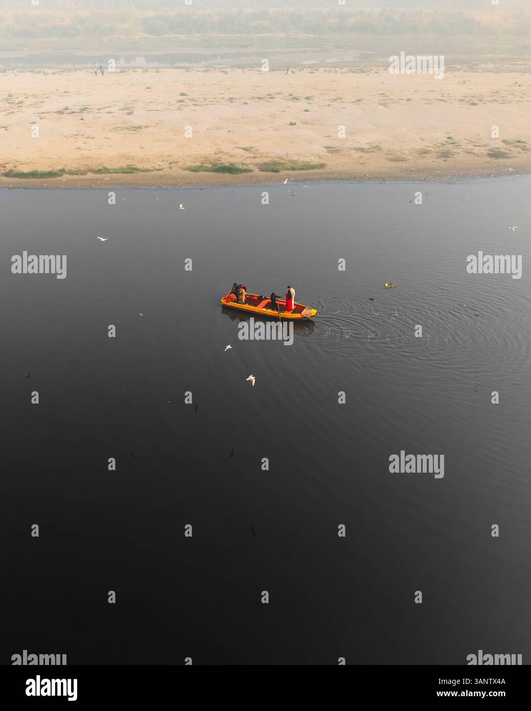 Aerial view of boats and birds over the scenic Yamuna river at Yamuna ...
