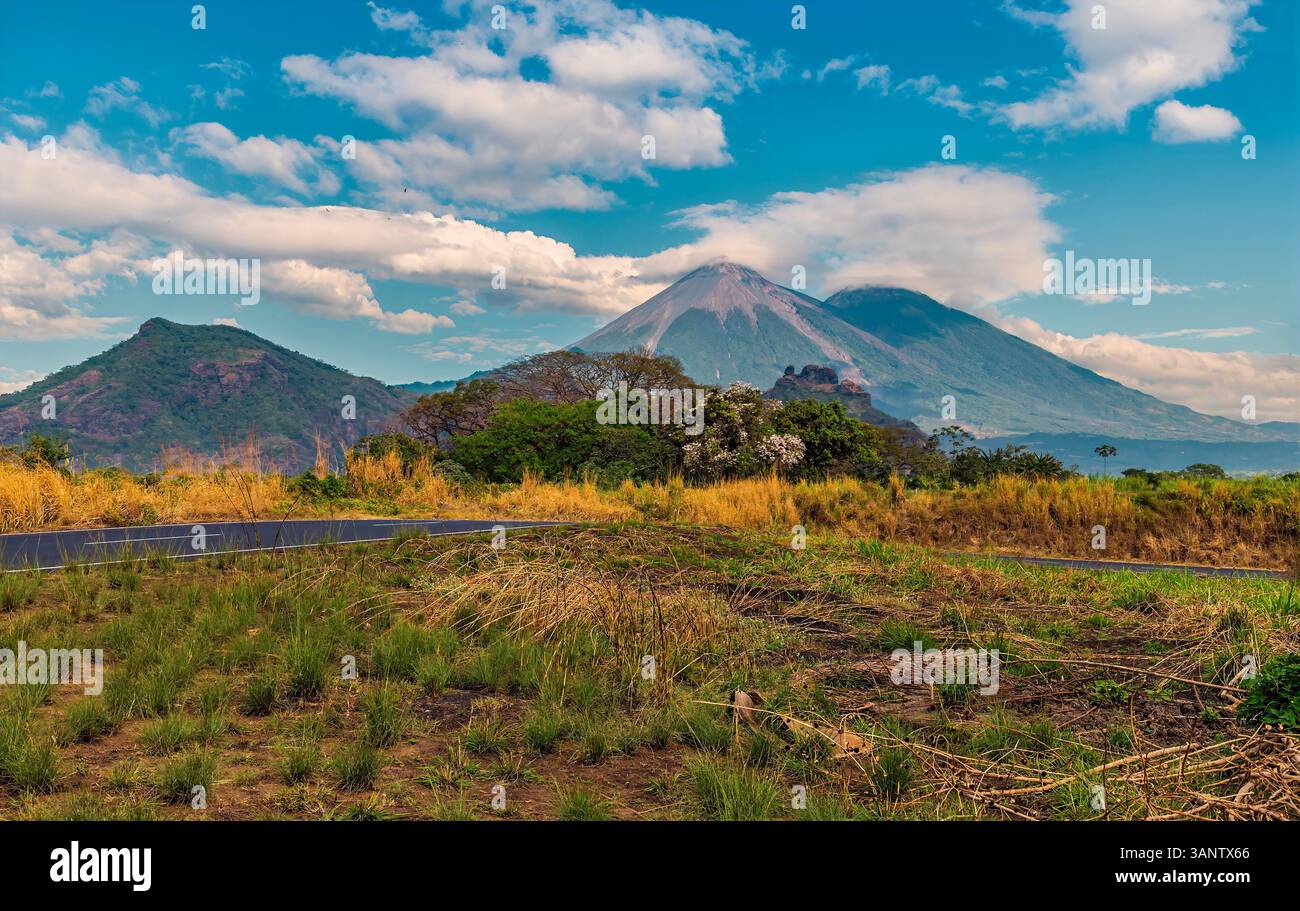A side view towards a range of dormant volcanoes north of Escuintla in ...
