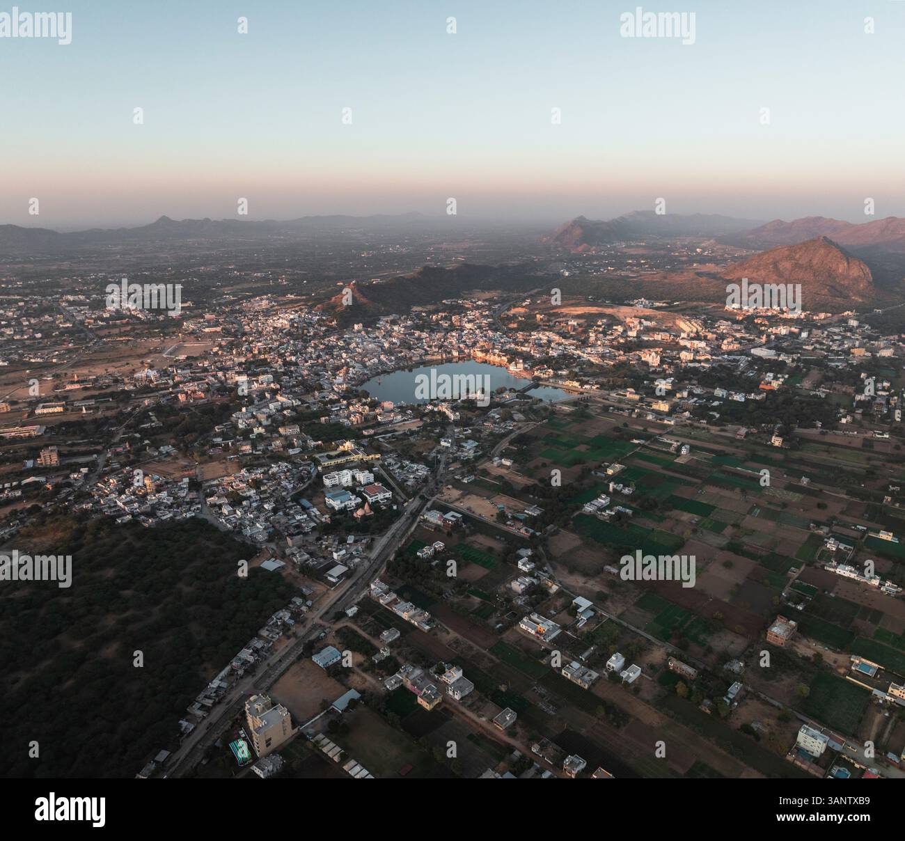 Aerial view of beautiful Pushkar with scenic lake and surrounding ...