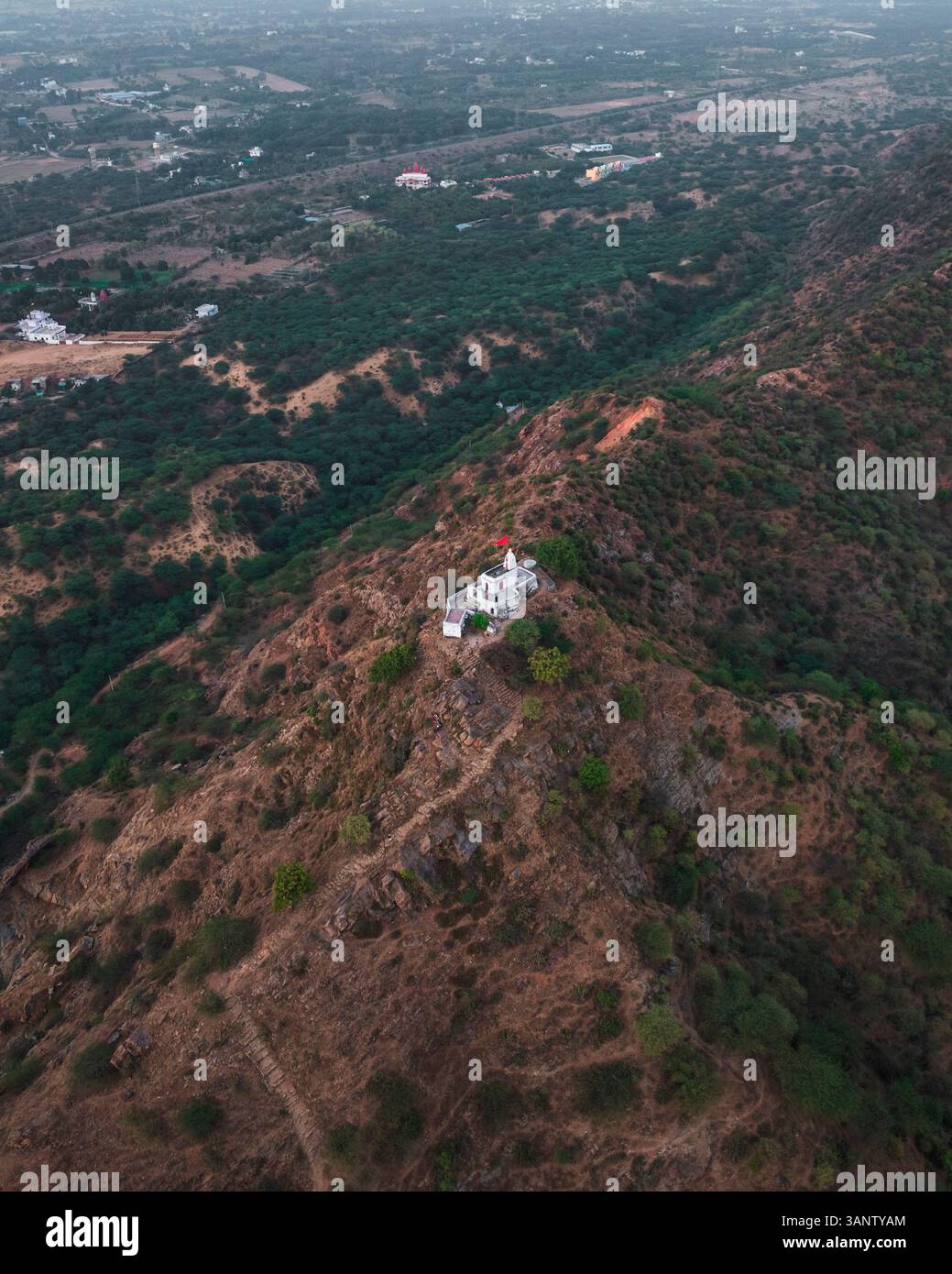 Aerial view of Gayatri Mata Temple on a scenic hill surrounded by rocky ...