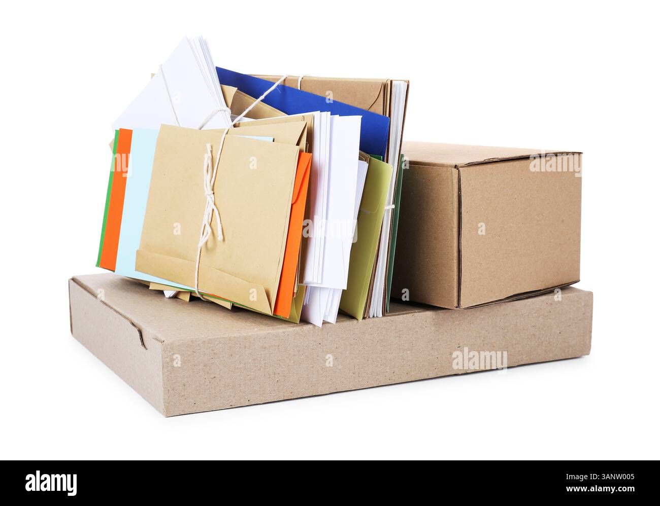 Different paper envelopes and parcels on white background. Post office ...
