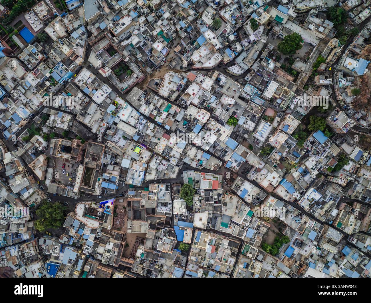 Aerial view of densely populated rooftops and colorful buildings in a ...
