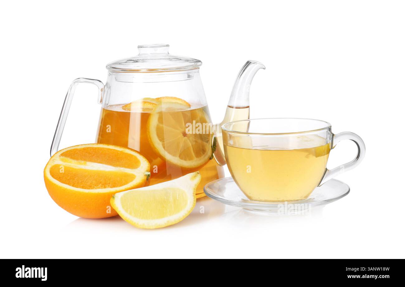 Aromatic fruit tea with orange and lemon isolated on white Stock Photo ...