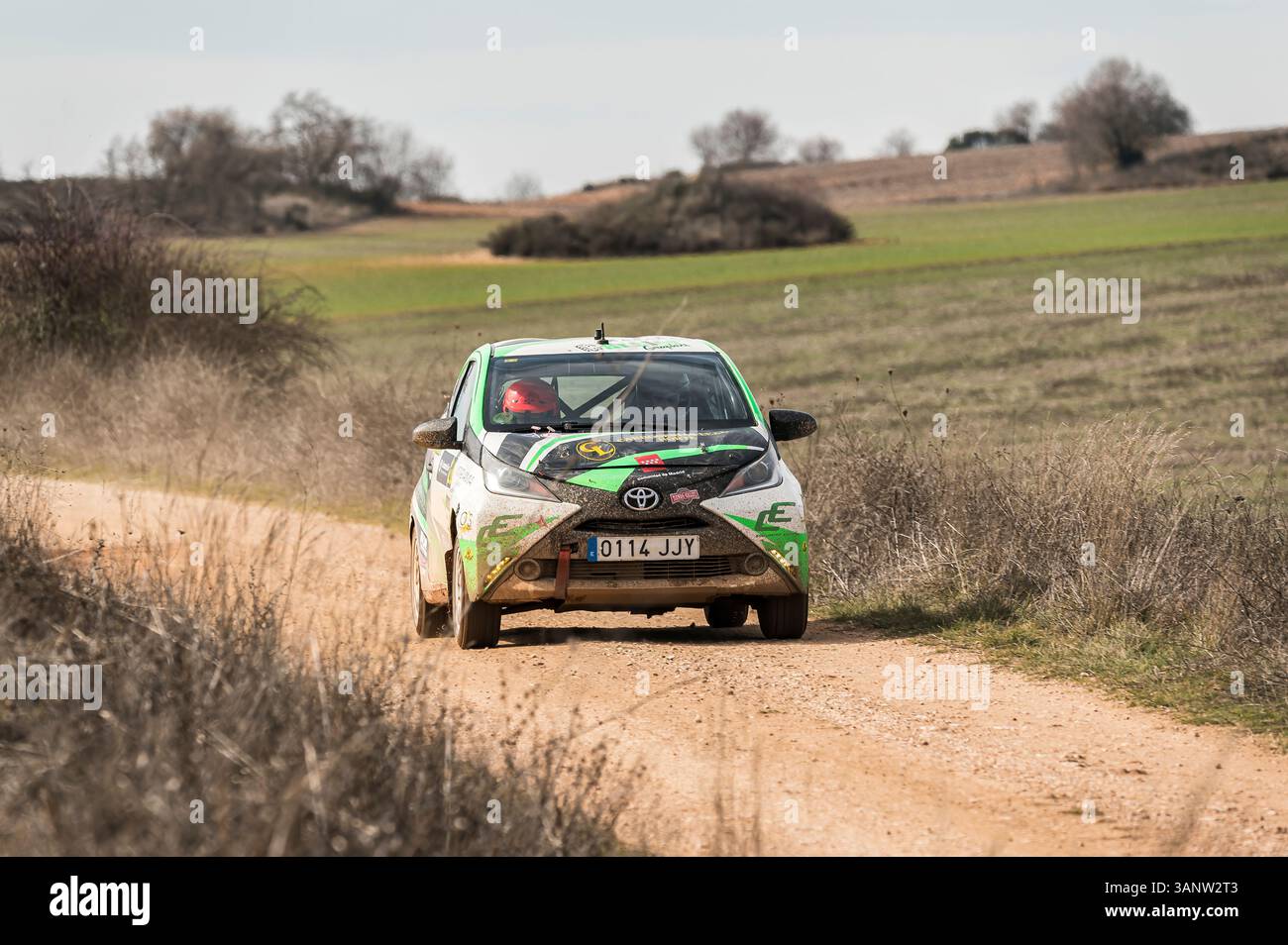 Madrid, Spain; 02-15-2025:Toyota Aygo rally car speeds along a dusty ...