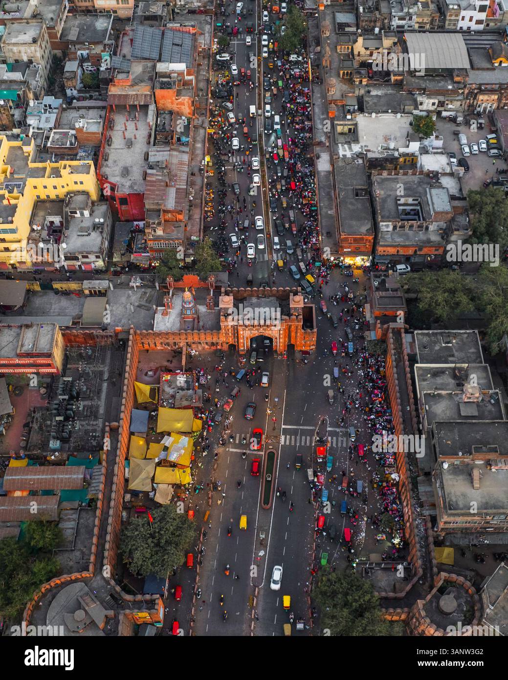 Aerial view of a bustling traffic jam with colorful vehicles and ...