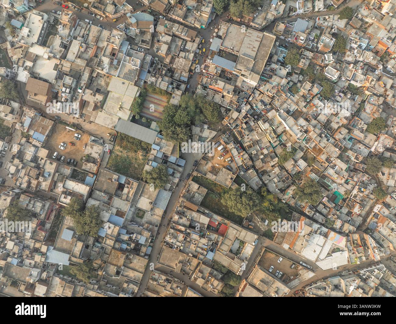 Aerial view of dense urban neighborhood with beautiful rooftops and ...