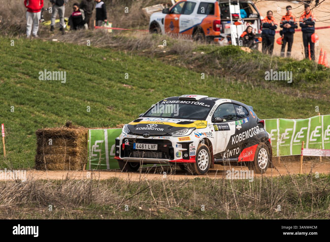 Madrid, Spain; 02-15-2025: Toyota Yaris GR rally car speeds on a dirt ...