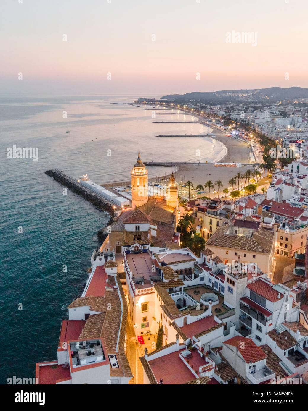 Aerial view of beautiful seaside town with beach and skyline, Sitges ...