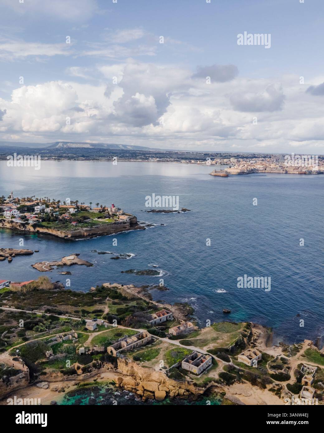 Aerial view of beautiful coastal landscape with urban buildings and ...
