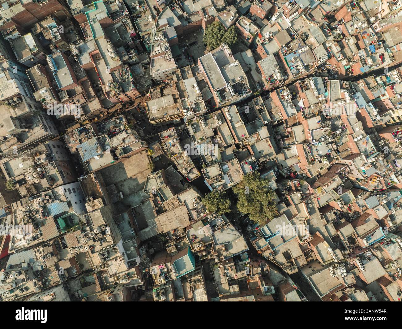Aerial view of bustling urban landscape with crowded streets and ...