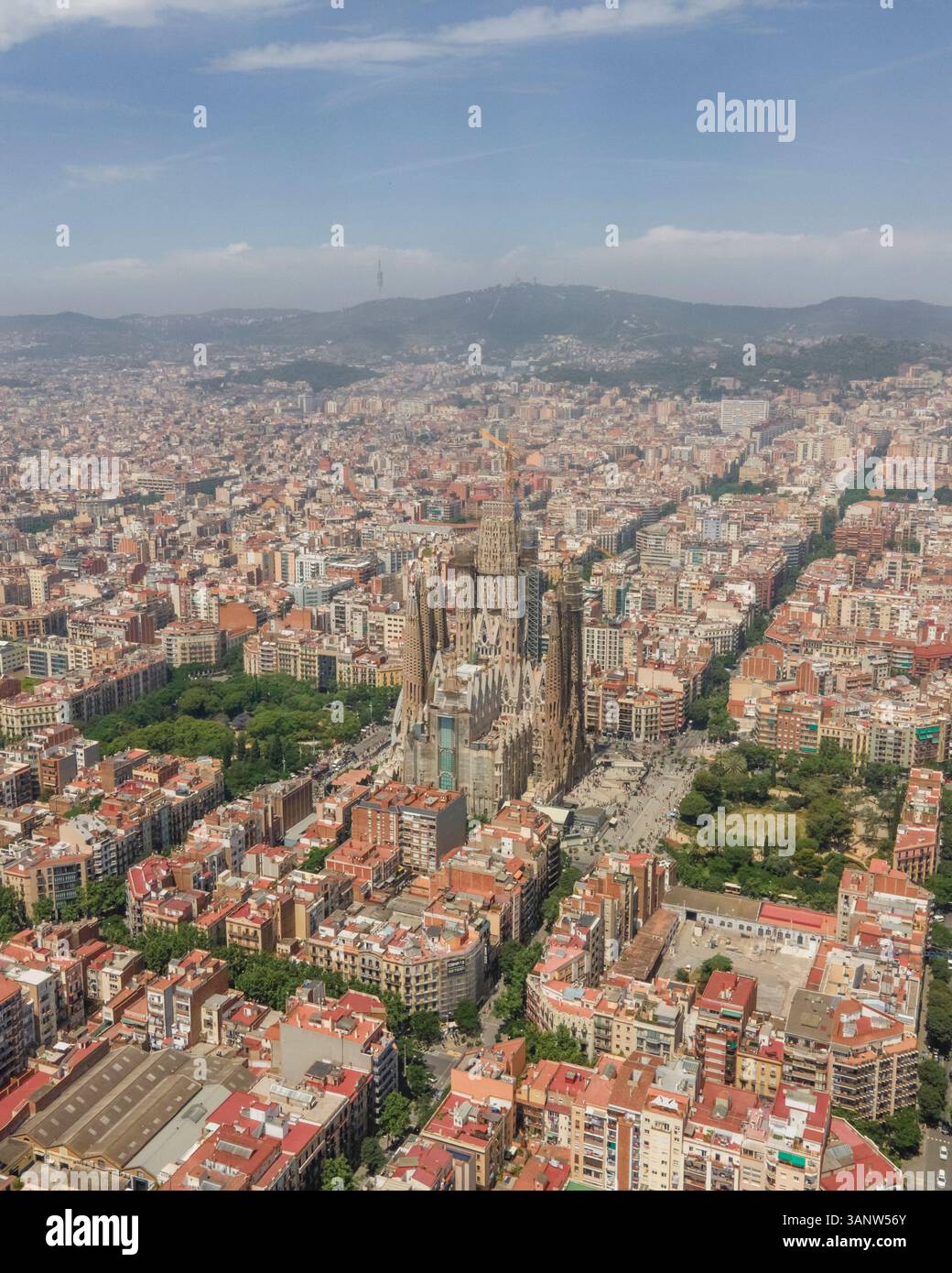 Aerial view of the beautiful Sagrada Familia and historic skyline ...