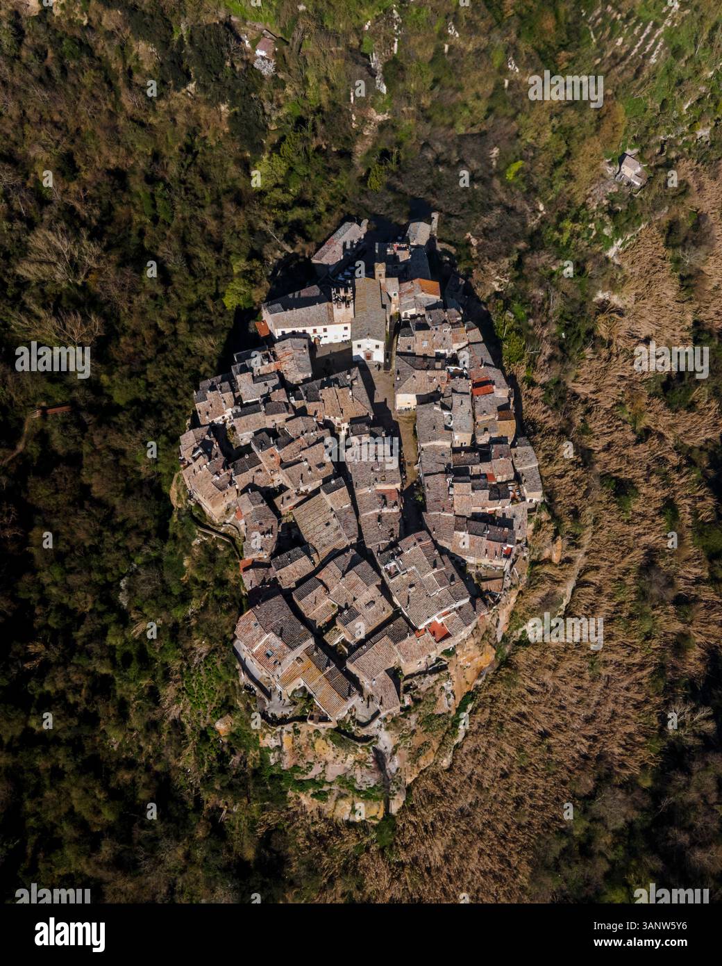 Aerial view of the medieval village with charming stone buildings ...