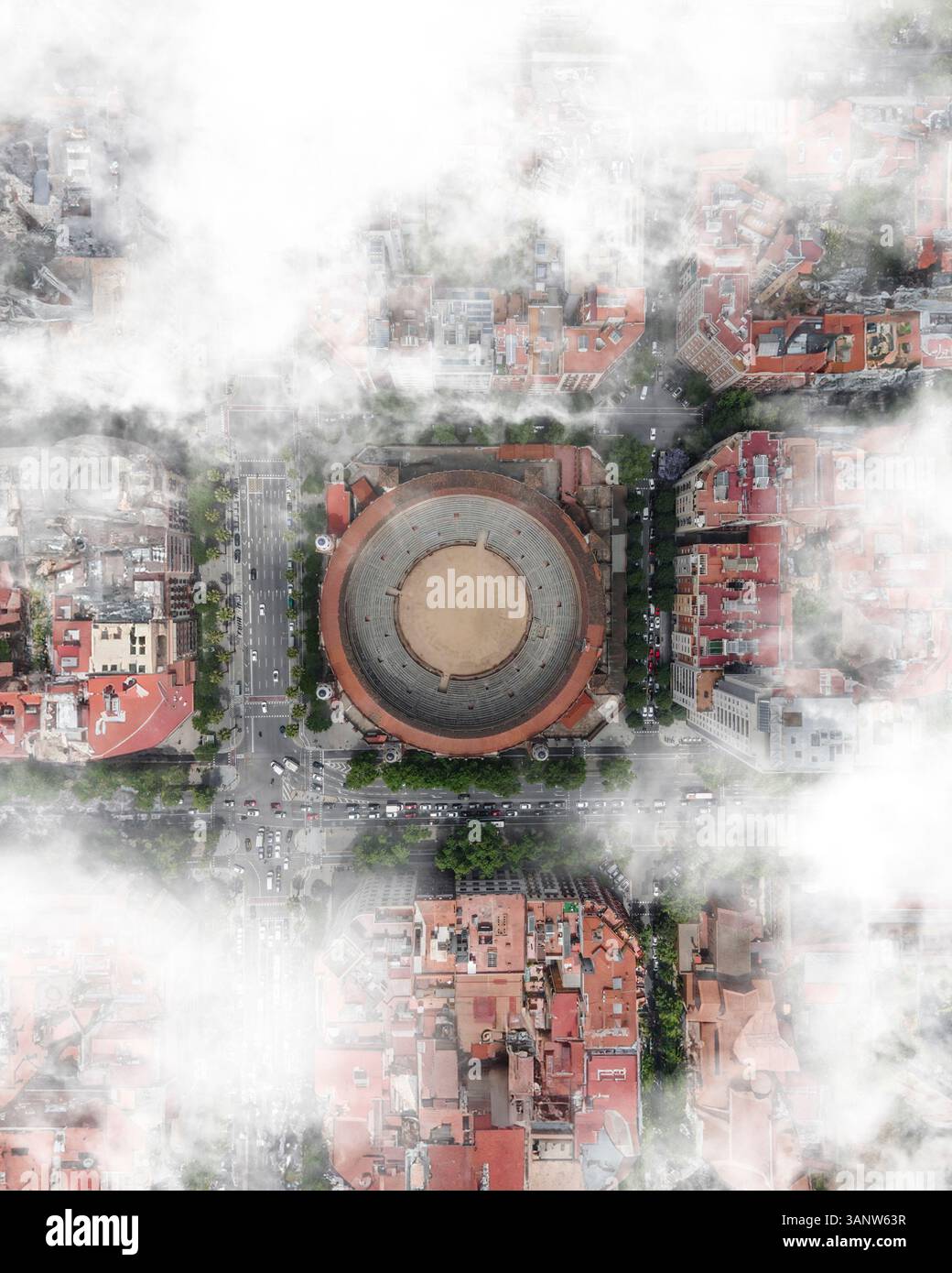 Aerial view of historic Plaza de Toro bullring surrounded by beautiful ...