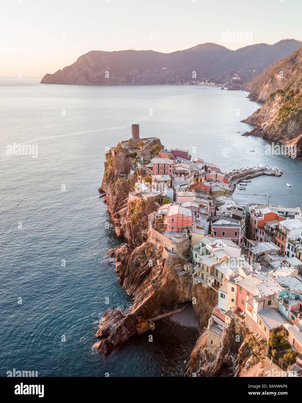Aerial view of Vernazza old town along the coast, Cinque Terre, Liguria ...
