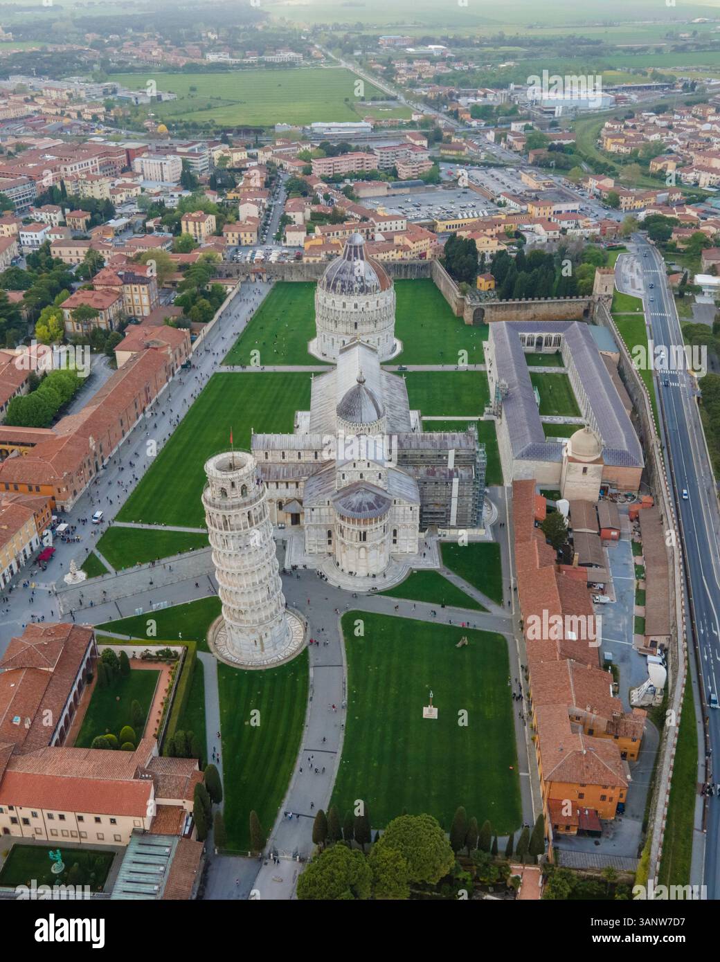 Pisa, Tuscany - 25 April 2022: Aerial view of Pisa leaning tower with ...