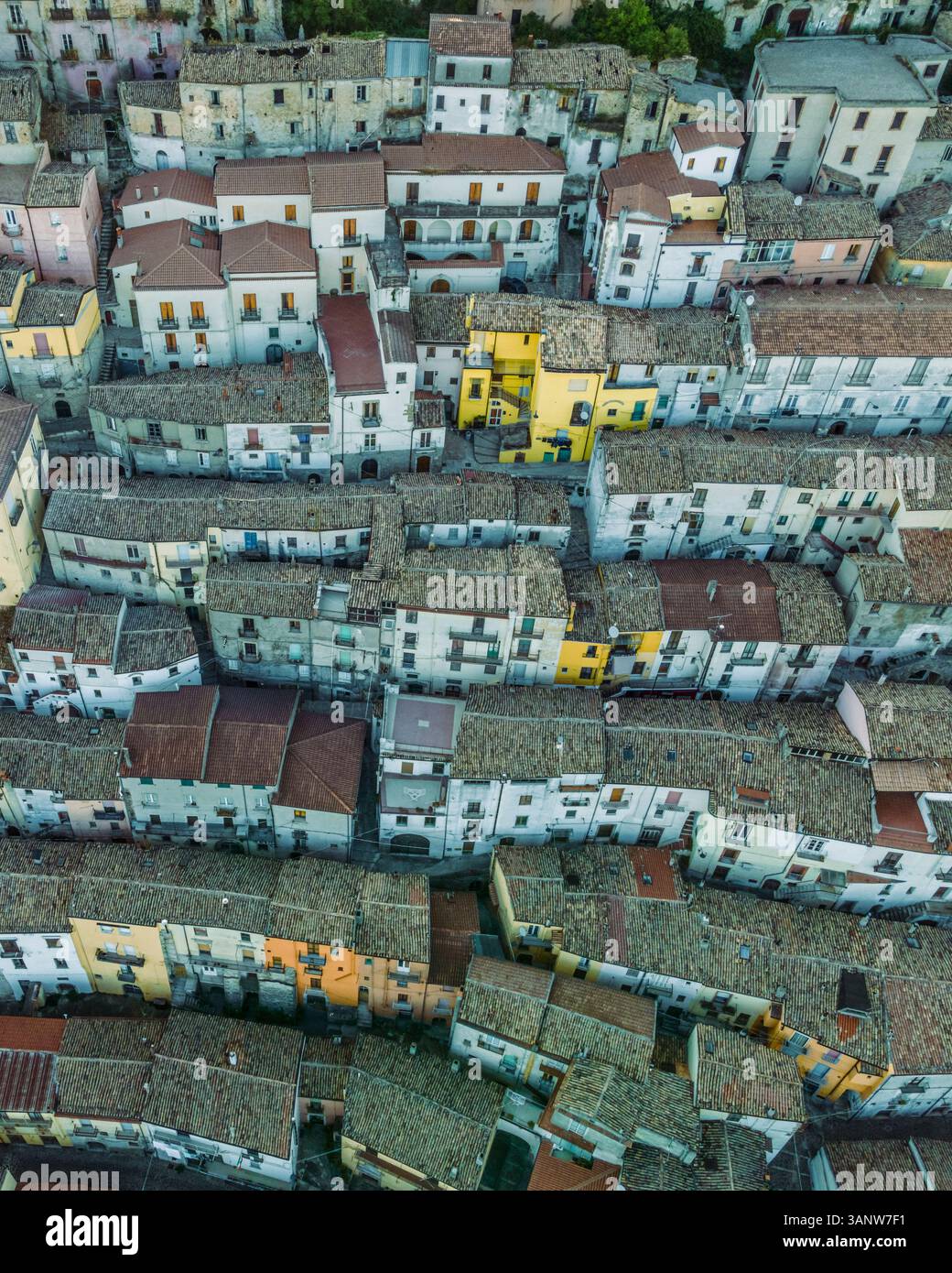 Aerial view of Calitri township on hillside, a colourful town in ...