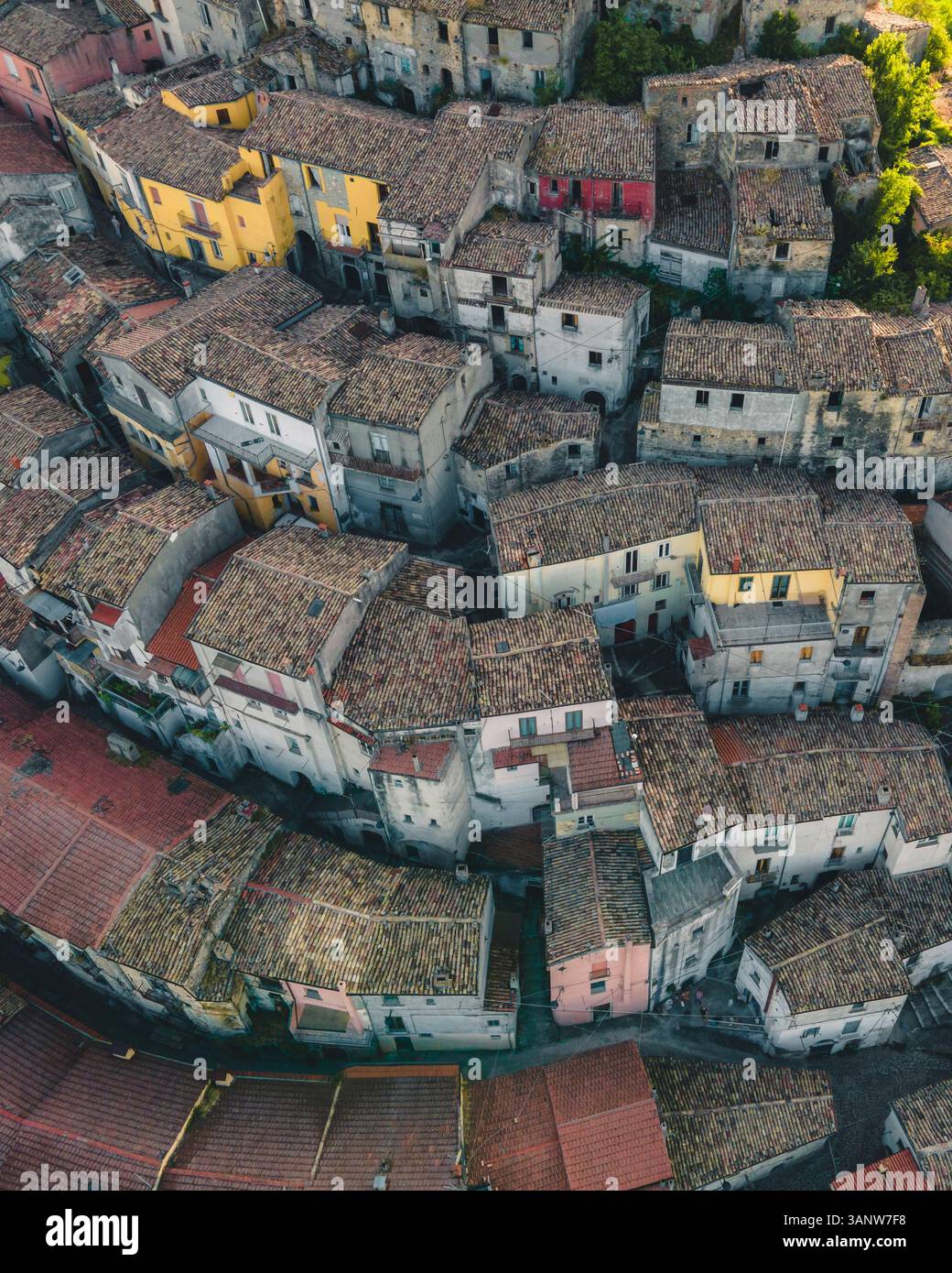 Aerial view of Calitri township on hillside, a colourful town in ...